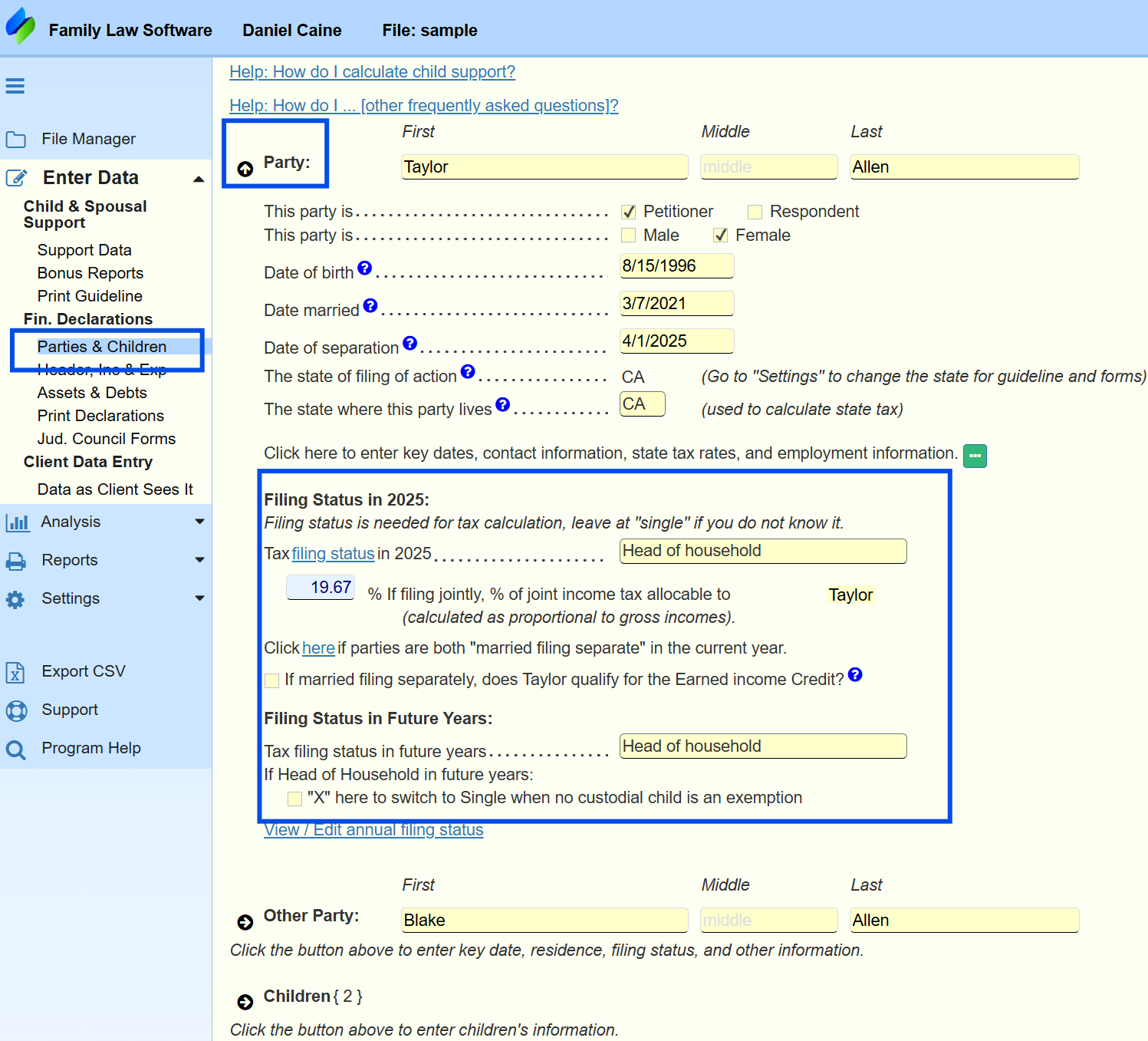 How do I enter or change Filing Status? - Family Law Software